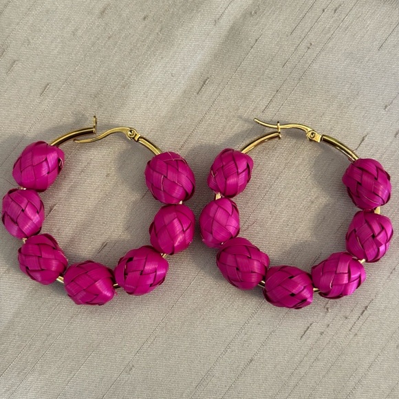 Jewelry | Hot Pink Woven Palm Hoop Earrings From Mexico | Poshmark